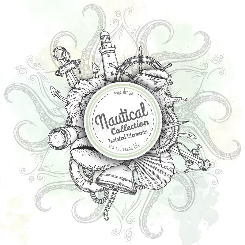 Hand Drawn Nautical Illustrations. Stock Vector - Illustration of shell ...