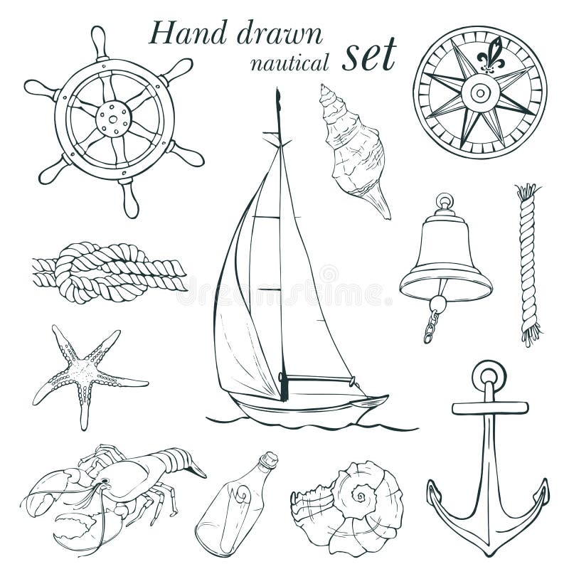 Hand drawn nautical set stock vector. Illustration of anchor - 61748956