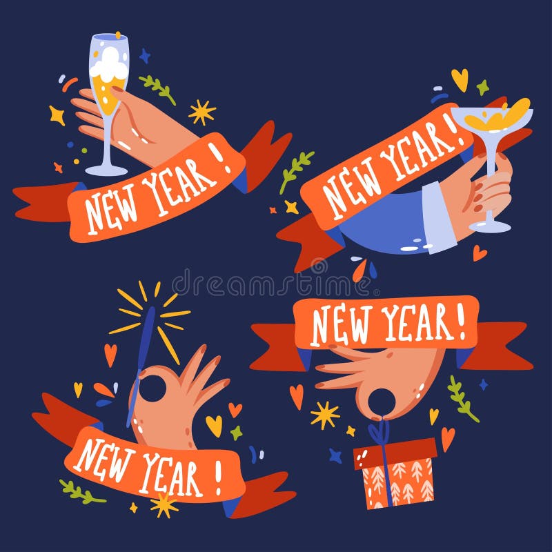 Hand Drawn New Year Stickers Abstract Design Vector Illustration Stock ...