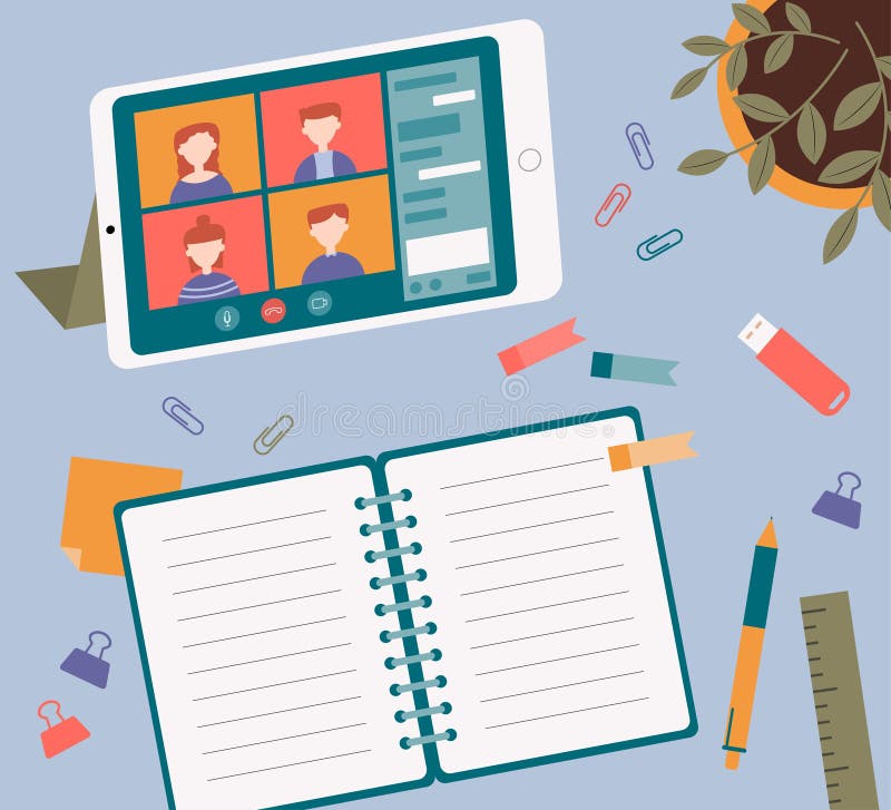 Hand Drawn Notes with Online Conference Top View on Desk Vector ...