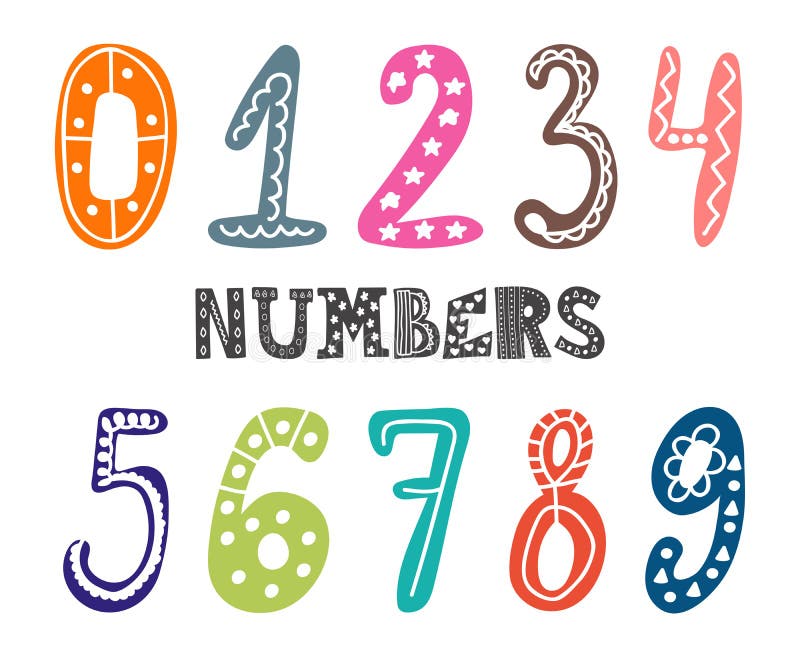 Hand Drawn Numbers Set. Collection of Cute Colorful Numbers Stock ...