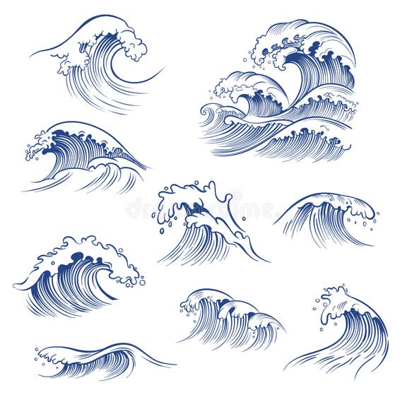 Hand drawn ocean wave set stock illustration. Illustration of nature ...