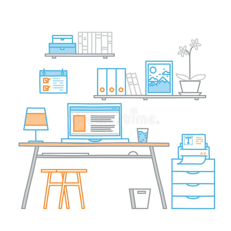 Hand Drawn Office Workspace Minimalistic Linear Stock Vector ...