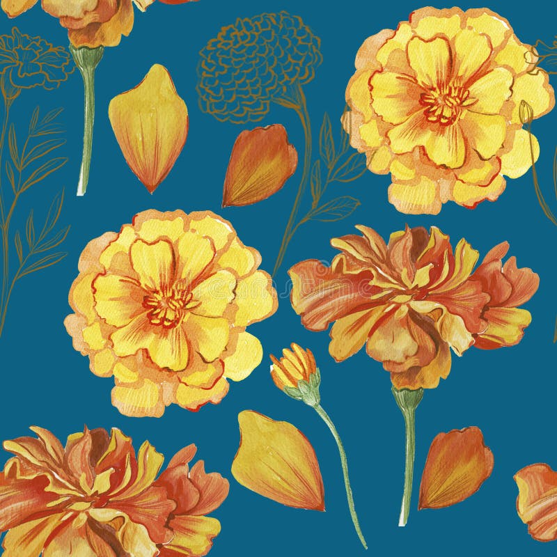 Seamless Pattern Orange Flowers Marigold on Blue Background. Stock ...