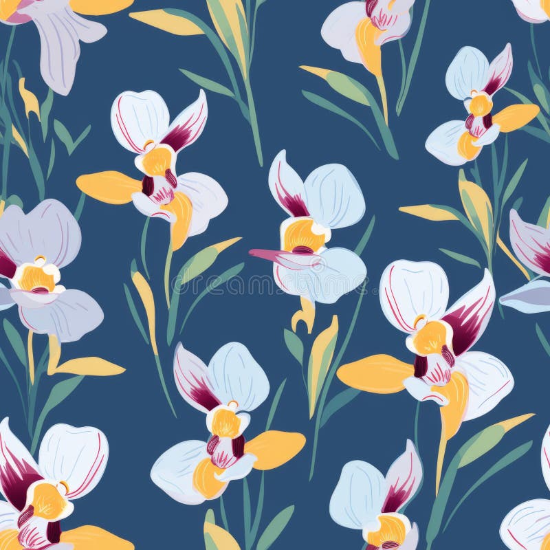 Hand-drawn Orchid Floral Pattern with Bright Colors Stock Illustration ...