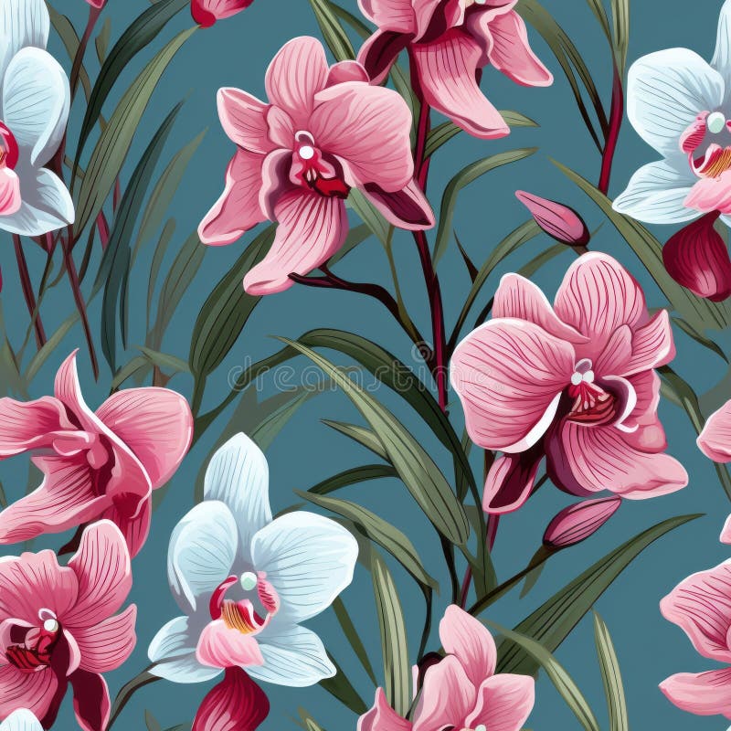 Hand-drawn Orchid Pattern: Bright Colors and Minimalistic Style Stock ...