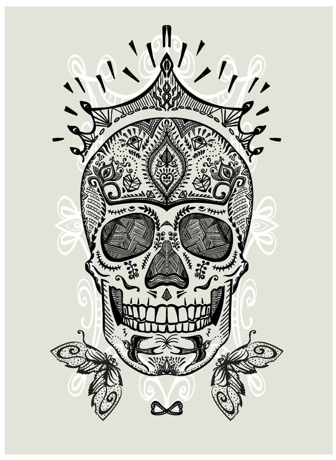 Hand Drawn Ornamental Decorated Skull, Sugar Skull with Crown Stock ...
