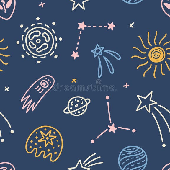 Hand Drawn Outer Space Seamless Pattern Stock Vector - Illustration of ...