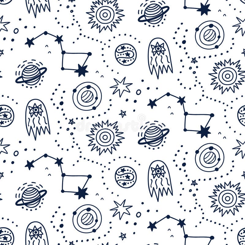Hand Drawn Outer Space Seamless Pattern Stock Vector - Illustration of ...