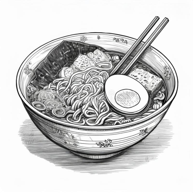 Hand-drawn Outline of a Ramen Bowl, Noodles Visible and Egg on Pristine ...