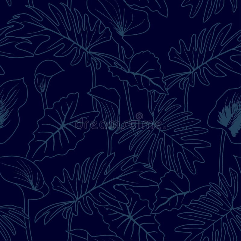 Hand Drawn Outline Tropical Leaves Seamless Pattern on Dark Navy Blue Background Stock ...