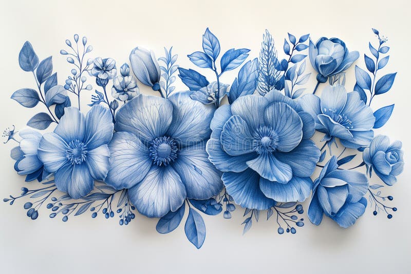 A Hand-drawn Painting of Blue Flowers Using a Pen on a Plain White ...