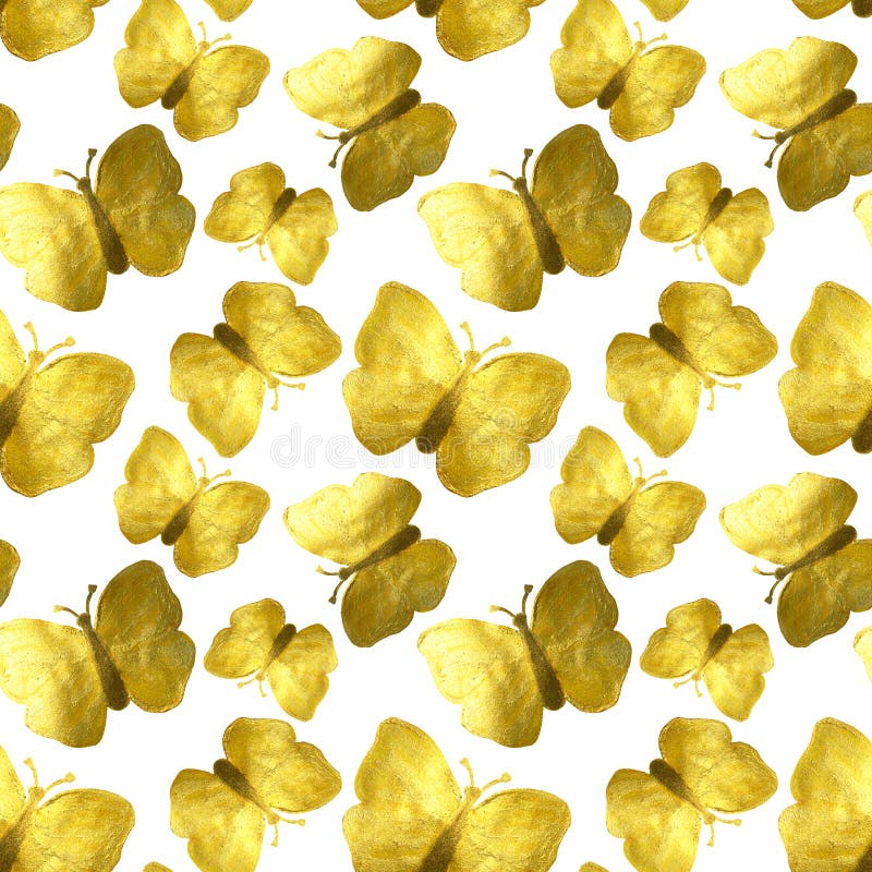 Hand-drawn with Paints Pearly Yellow Butterflies on White Background ...