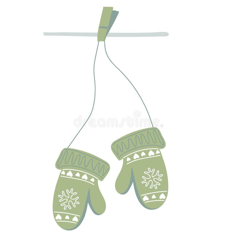 Hand Drawn Pair of Knitted Mittens Hanging on the Rope Stock Vector ...