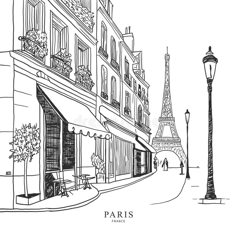 Hand Drawn Paris City Corner. Black and White Vector Line Illustration ...