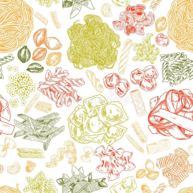 Hand Drawn Pasta Seamless Pattern Stock Vector - Illustration of ...
