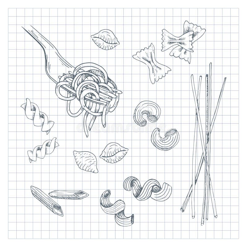 Hand Drawn Pasta Set. Sketched Pasta Collection, on Checkered ...