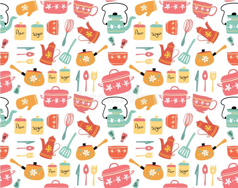 Hand Drawn Pastel Vintage Kitchen Seamless Stock Vector - Illustration ...