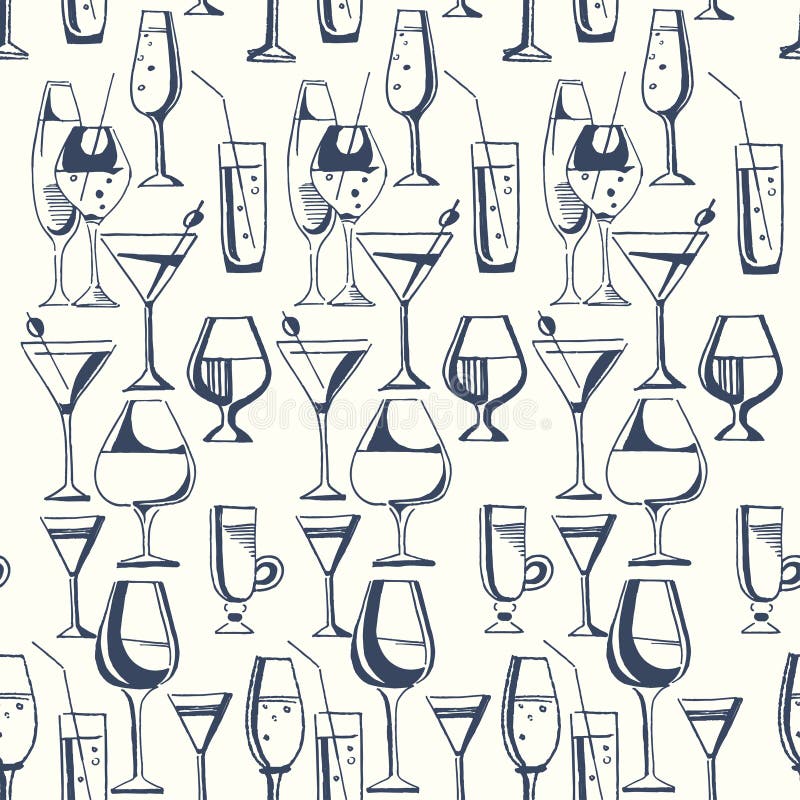 Hand Drawn Pattern of Alcohol Drinks and Cocktails. Vector Illustration ...