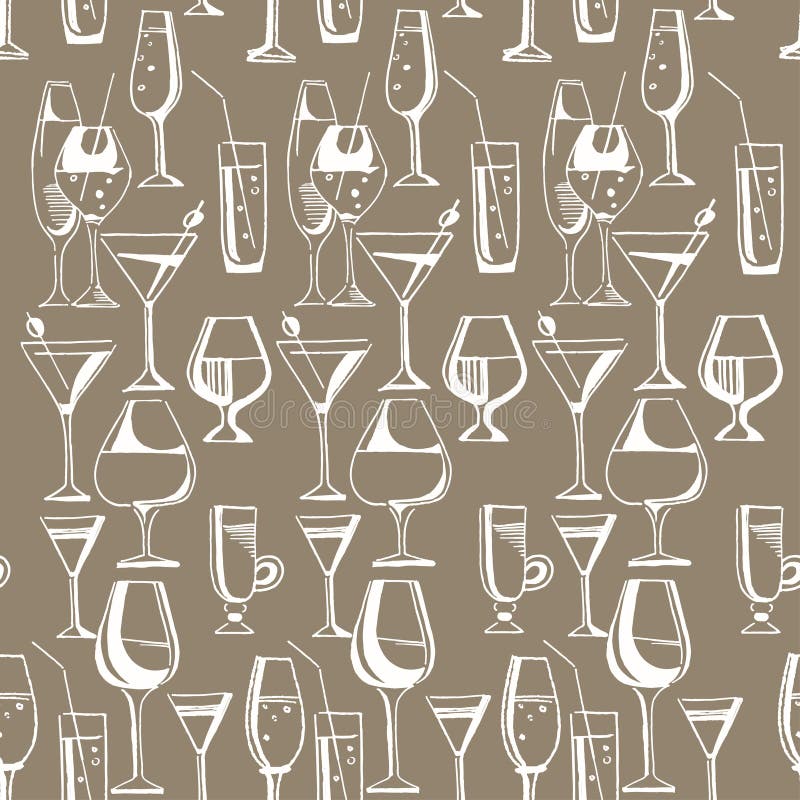 Hand Drawn Pattern of Alcohol Drinks and Cocktails. Vector Illustration ...