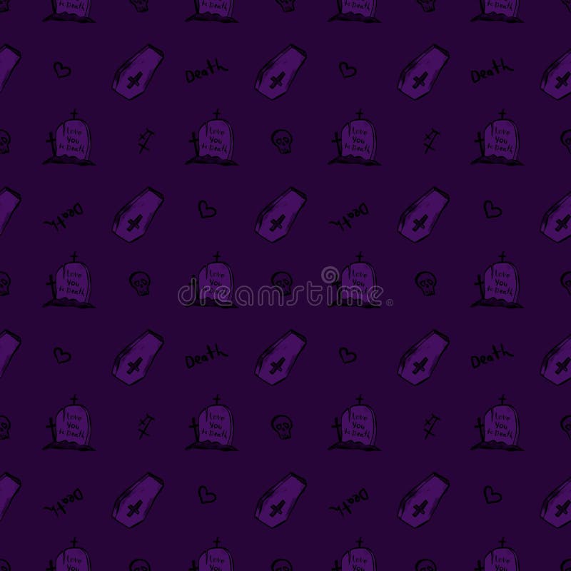 Hand Drawn Pattern with Coffins and Graveyard on Purple Background ...