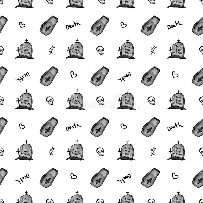Hand Drawn Pattern with Coffins and Graveyard on White Background Stock ...