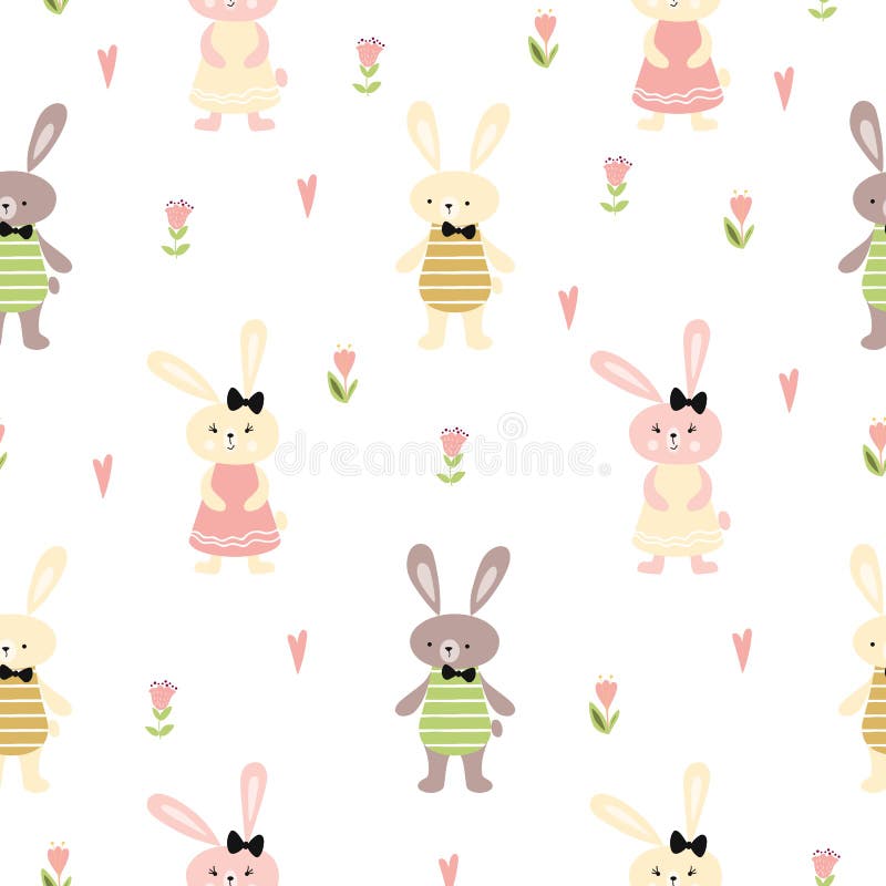 Hand Drawn Pattern with Rabbits Flowers. Doodle Floral Spring Vector ...