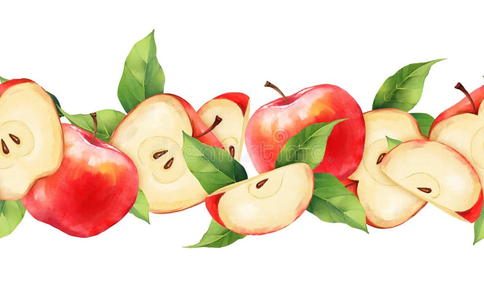 Hand-drawn Pattern, Seamless Fruit Border of Red Apples and Leaves ...