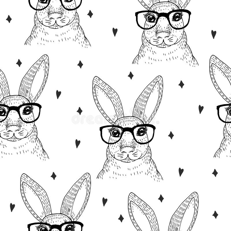 Hand Drawn Pattern with Vintage Rabbit Sketch. Vector Print. Stock ...