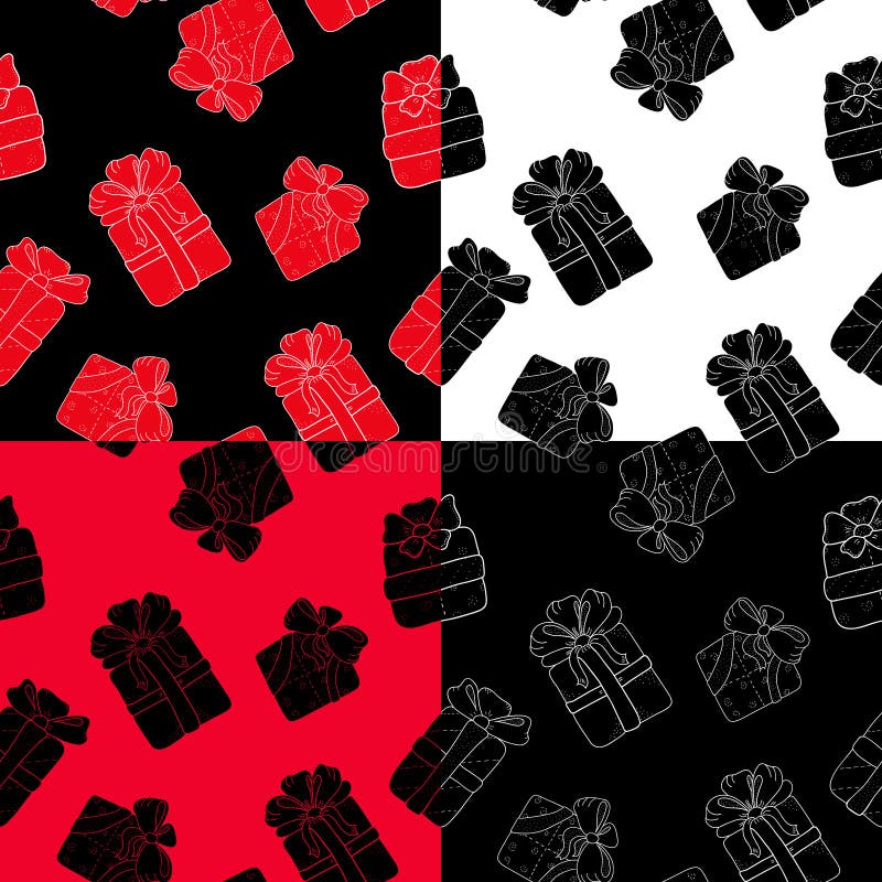 Hand Drawn Patterns Sets With Outline Gifts With Bows In Cartoon Style ...