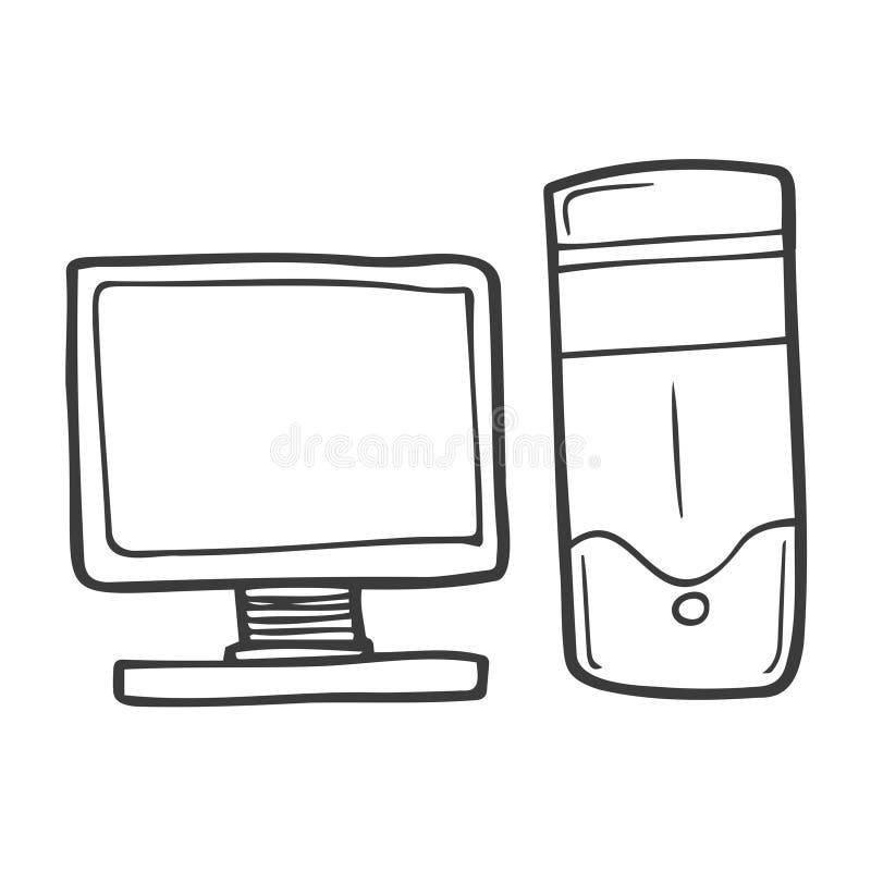 Hand Drawn PC Monitor Screen and System Unit Vector Illustration Stock ...