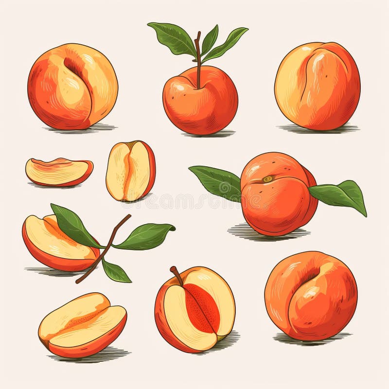 Hand Drawn Peaches - Vector Flat Illustration with Clean Shape Stock ...