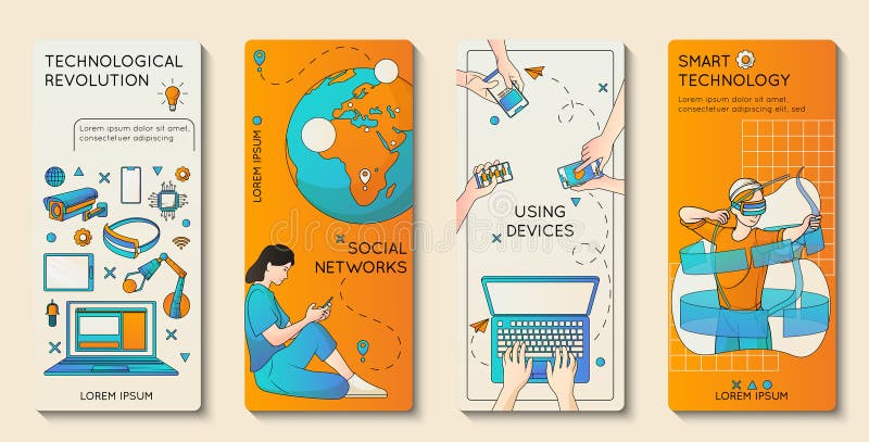 Hand Drawn People Using Technology Vertical Banner Collection Stock ...