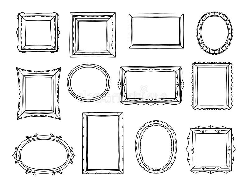 Hand Drawn Picture Borders. Sketch Photo Frame, Rectangular and Round ...