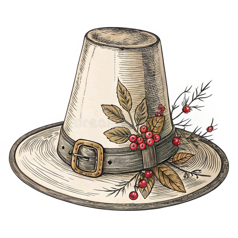 Hand-drawn Pilgrim Hat with Decorations Isolated on White Background ...