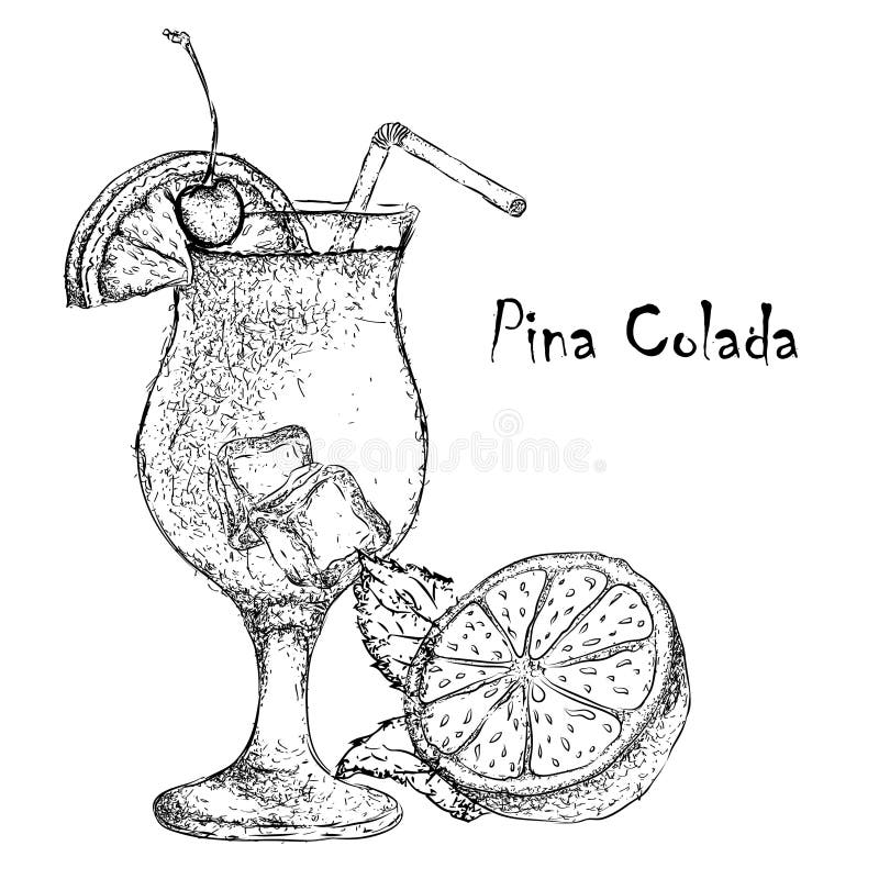 Hand Drawn Pina Colada Cocktail in Glass with Lime. Vector Illustration ...