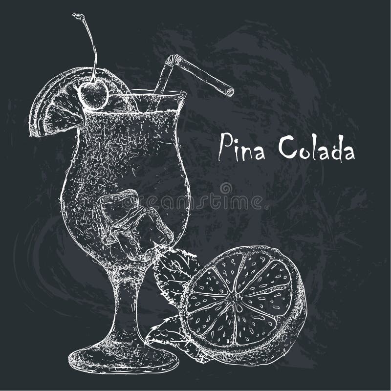 Hand Drawn Pina Colada Cocktail in Glass with Lime. Vector Illustration ...