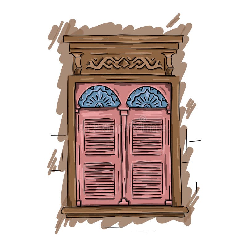 Hand Drawn Pink Window. Vintage Artistic Architecture Shutters Stock ...