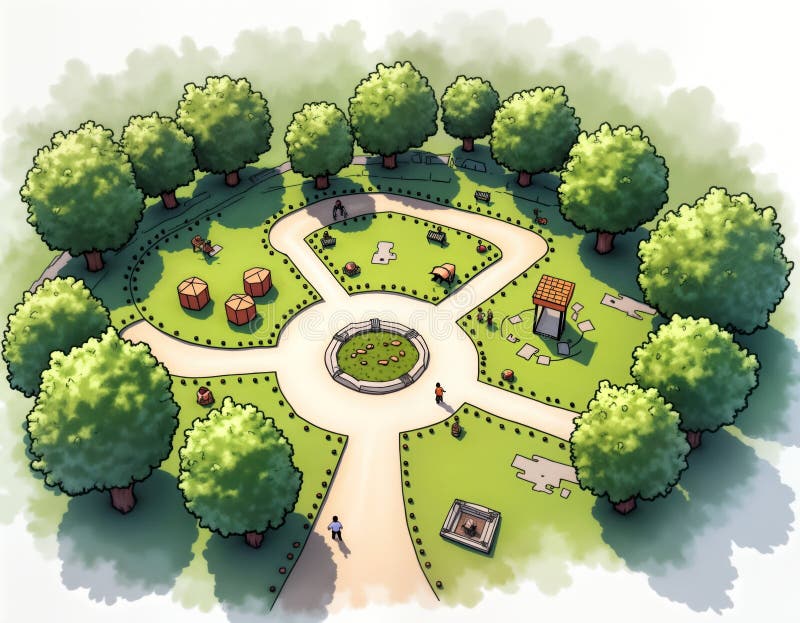 Hand-drawn Plan of Park with Pathways, Green Plants. Several Trees ...