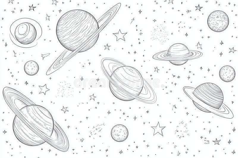 Hand-drawn Planetary Sketches with Stars and Moons in Space Stock Photo ...