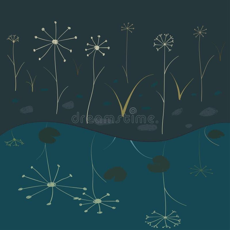 Hand Drawn Plants on the Banks of the River with Water Lilies by Night ...