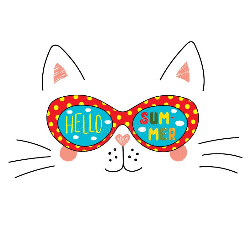 Hello Summer Lettering with Cat in Glasses Stock Vector - Illustration ...