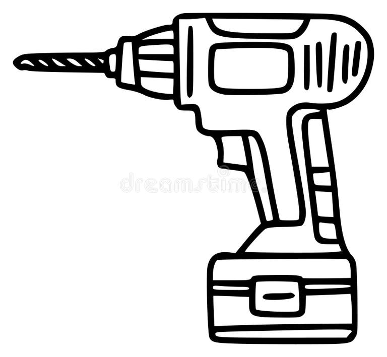 Hand-Drawn Power Drill, Black and White Sketch Stock Illustration ...