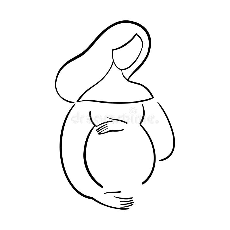 Hand Drawn Pregnant Woman Line Portrait With Hands On Belly Elegant