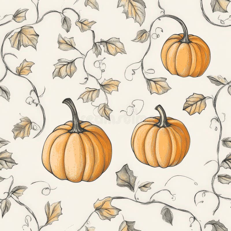 Hand Drawn Pumpkin Patch Pattern Swirling Vines Detailed Harvest Elements Stock Photos - Free ...