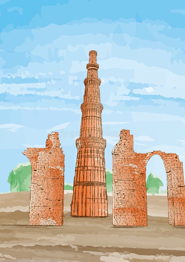 Hand Drawn Qutub Minar, New Delhi, India - Vector Stock Vector ...