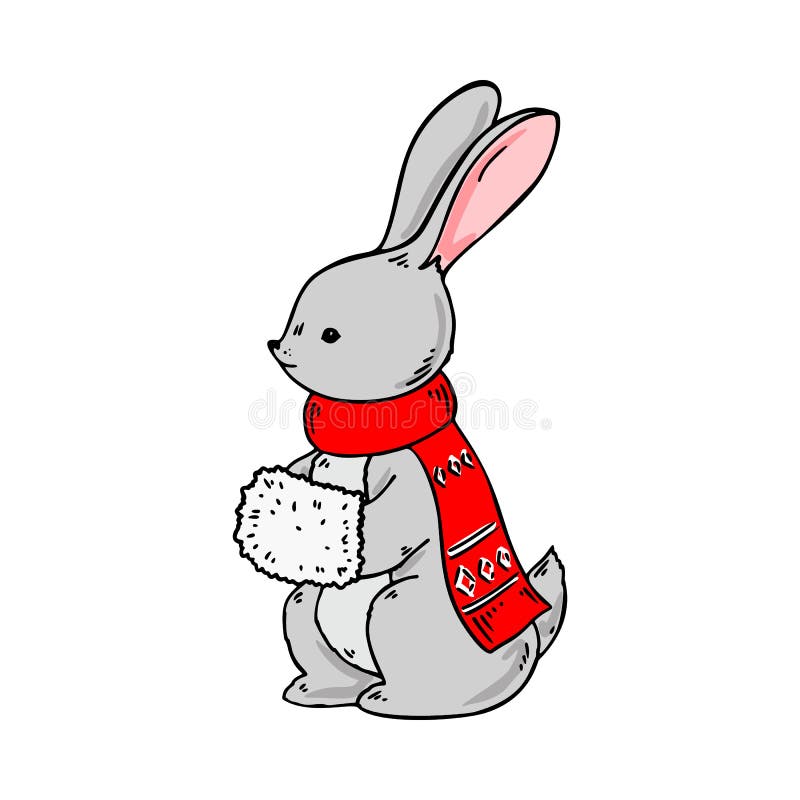 Hand Drawn Rabbit in a Red Scarf with a Letter. Vector Illustration ...