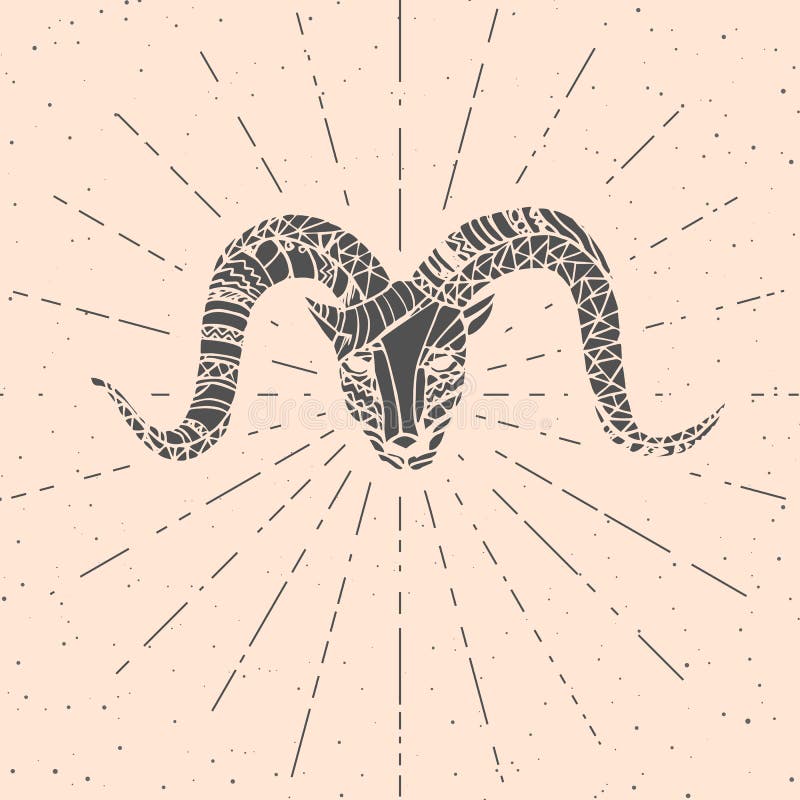 Hand Drawn Ram with Pattern and Sun Rays. Vintage or Hipster Style ...