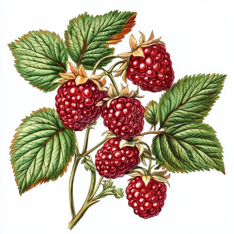 Hand Drawn Raspberry Branch with Leaves and Berries. Vector Botanical ...