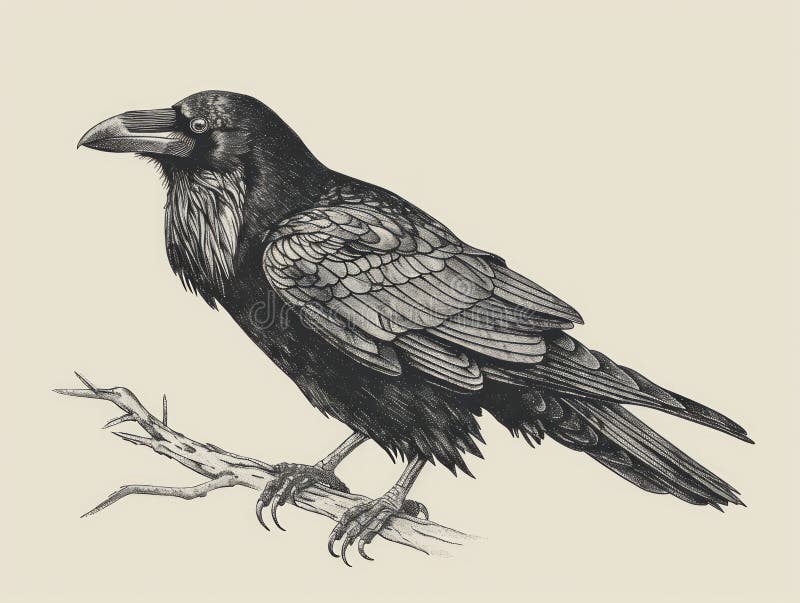 Hand Drawn Raven on a Branch. Illustration in Sketch Style Stock ...